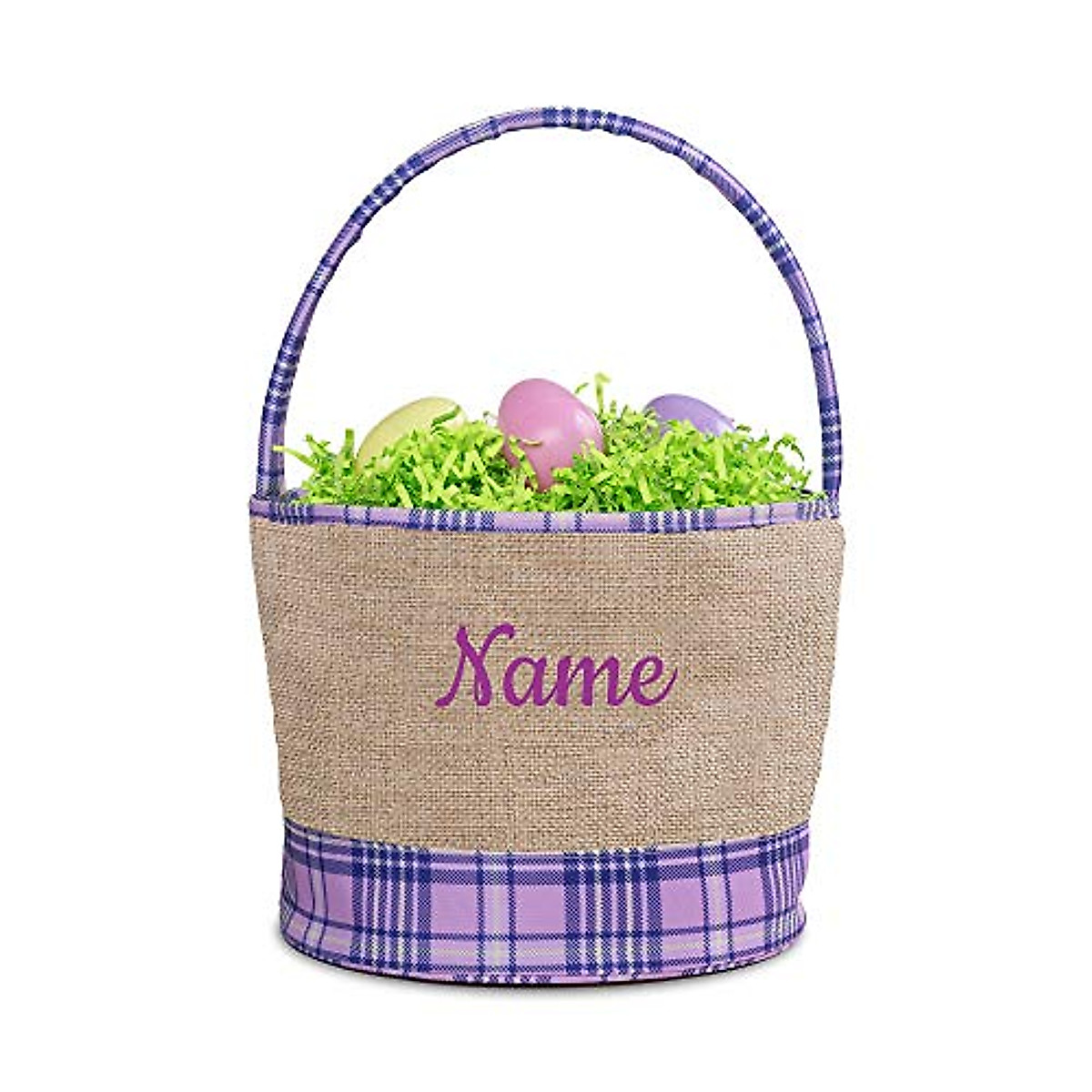 Personalized Easter Bucket Bag with Custom Cursive Name | Purple Plaid Burlap Easter Bag with Handle | Egg Basket for Kids | Customized Easter Basket | Great for Book and Toy Storage