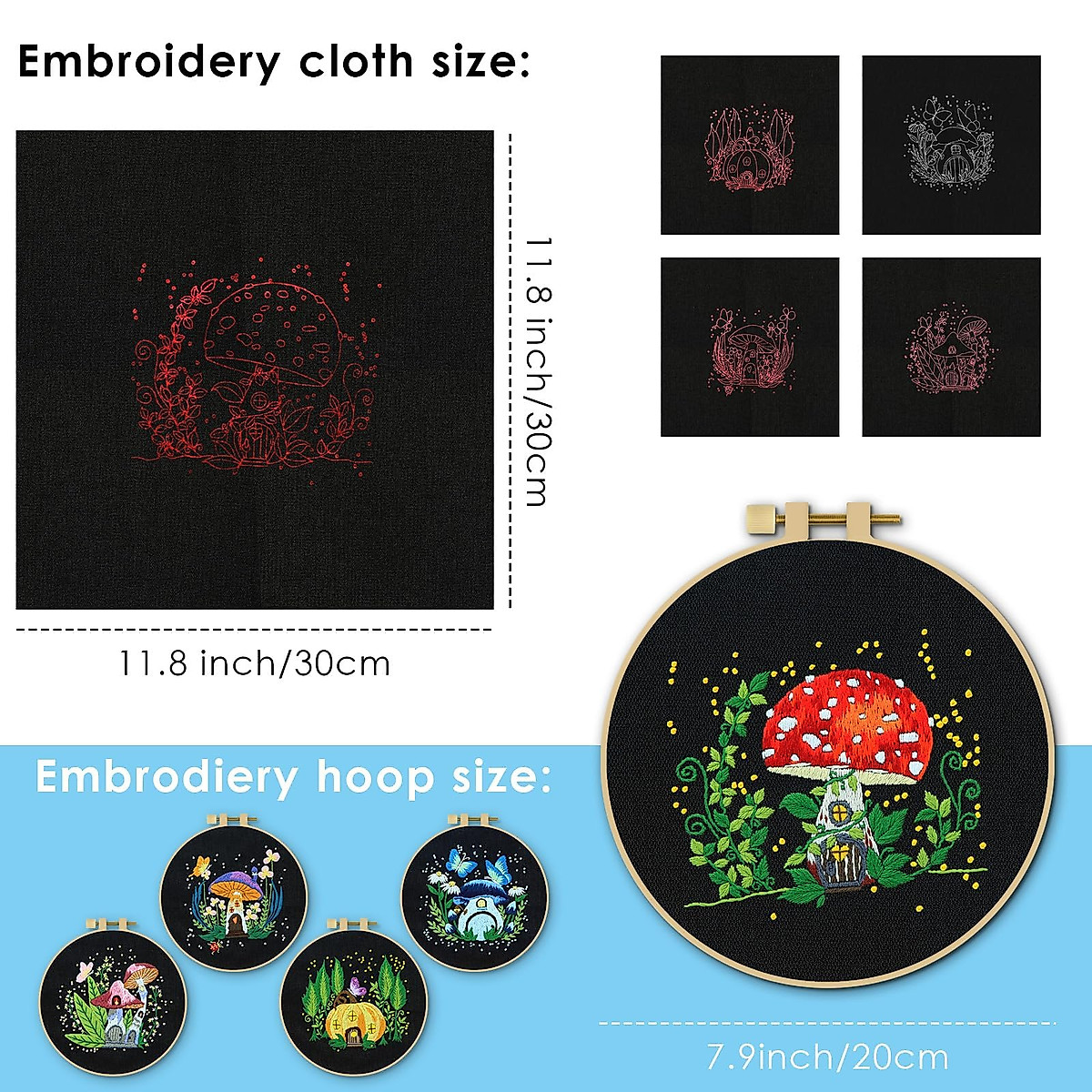 ERKOON 5 Sets Embroidery Kit for Beginners, Art Craft Handy Sewing Set Mushroom Cross Stitch Starter Kits, DIY Embroidery Kits with Patterns and Instructions Hoops Needles Threads