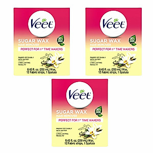 Veet Sugar Wax Hair Remover - Contains 12 Fabric Strips & 1 Spatula with a Temperature Indicator (Pack of 3)