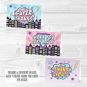 24 Pink Superhero Thank You Cards With Envelopes, Girls Kid Birthday Party or Adult Comic Bam Pow Gratitude Supplies For Grad, Baby or Bridal Wedding Shower, Boy Children or Woman Hero Stationery
