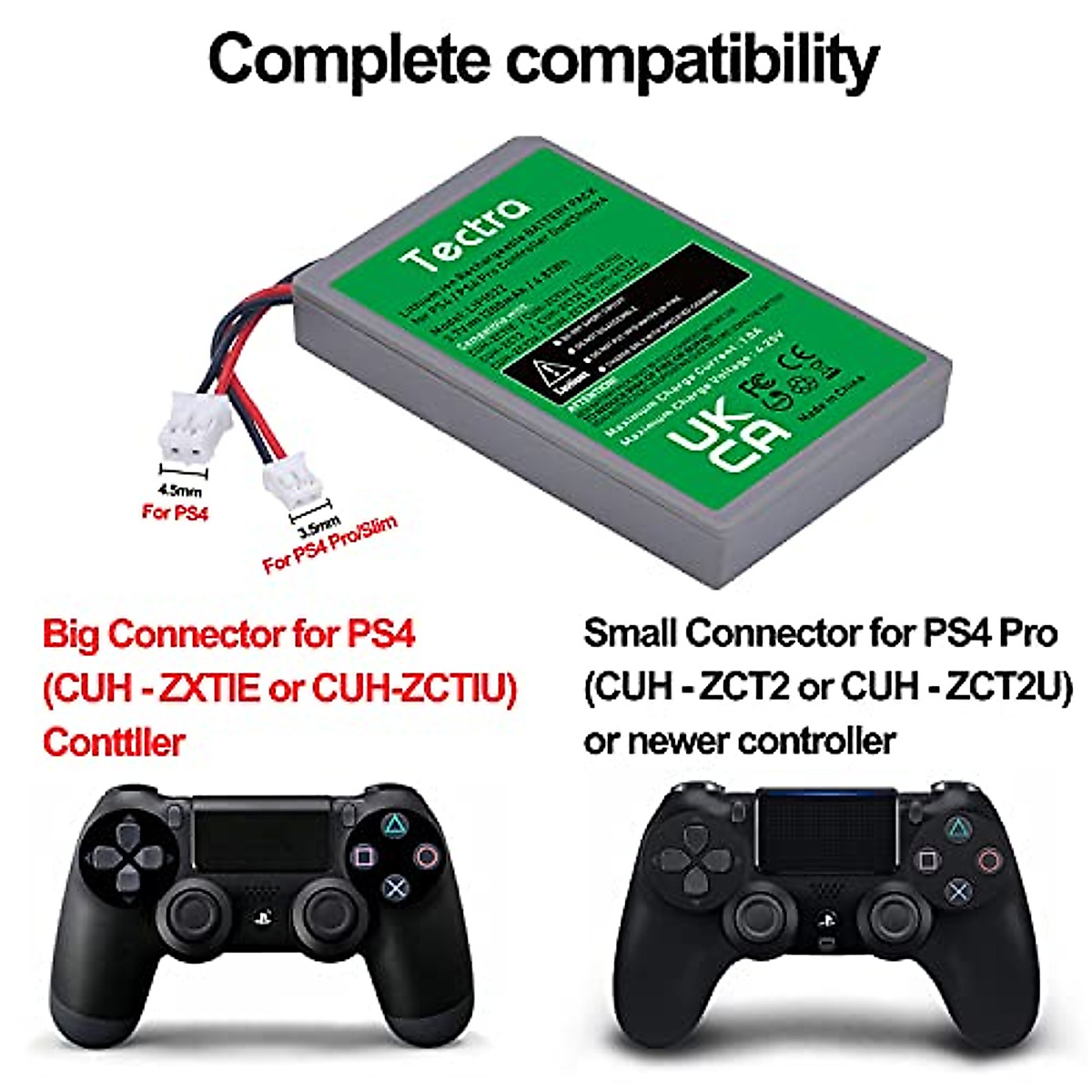 Tectra 2-Pack LIP1522 Battery for Sony Playstation 4 PS4 Slim Pro Dualshock 4 CUH-ZCT1E CUH-ZCT1H CUH-ZCT1U CUH-ZCT2 CUH-ZCT2U Wireless Controller (Big and Small Plug)