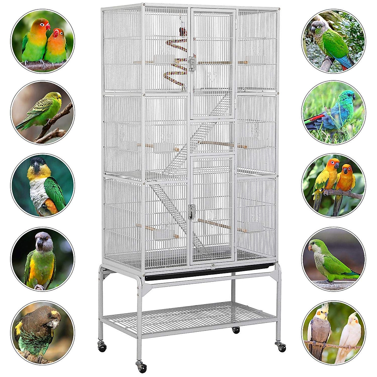 Topeakmart Birds Cage with Extra Large Space for Small Birds Like Lovebirds Parakeets Cockatiels ect, Mobile Bird Cage for Conures, Large Rolling Metal Cage with Detachable Stand, White