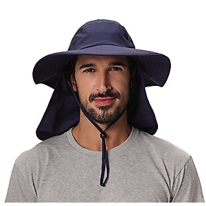 Home Prefer Mens UPF 50+ Sun Protection Hat Wide Brim Fishing Hat with Neck Flap (Navy Blue)