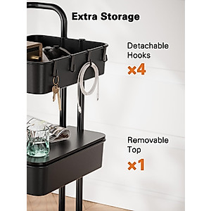 Pipishell 3 Tier Rolling Cart with Table Top, Utility Cart with Wheels & 4 Hooks, Rolling Storage Cart for Home Storage and Organization, Black, PIUC09B