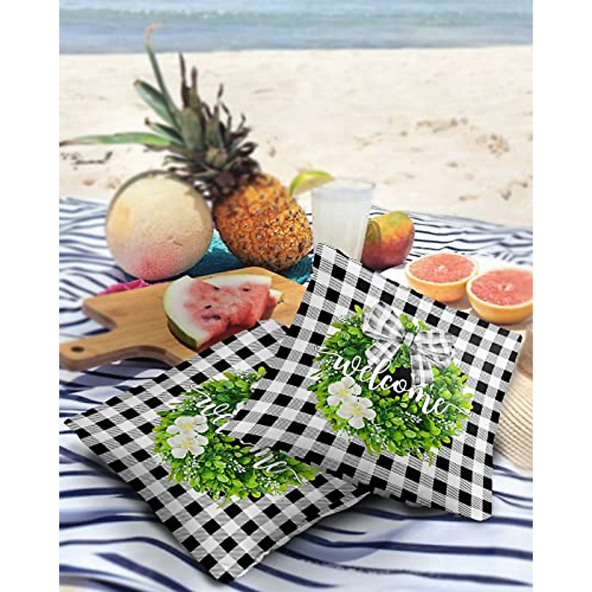 Outdoor Pillows 18x18 Waterproof Outdoor Pillow Covers Spring Green Wreath Boxwood Polyester Throw Pillow Covers Garden Cushion Decorative Case for Patio Couch Decoration Set of 2 Farmhouse Plaid