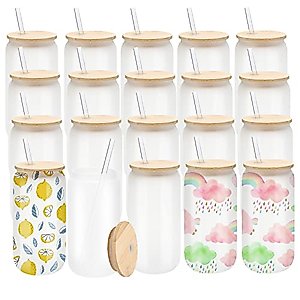 WHEATHUSK 20 Pack Sublimation Glass Cups Frosted 16oz Blanks Sublimation Borosilicate Glasses Tumbler with Bamboo Lids and Straws for Beer, Juice, Soda, Iced Coffee, Drinks