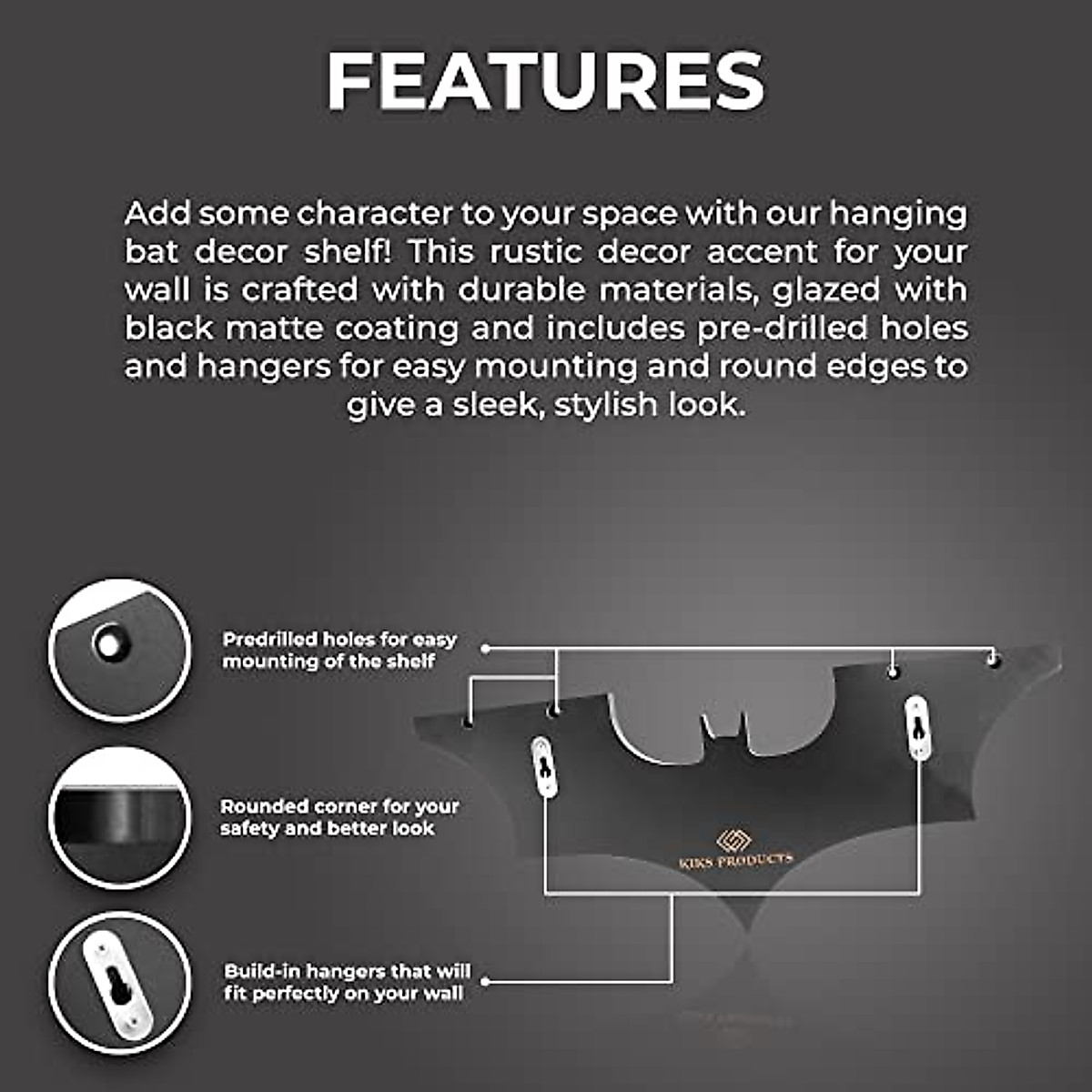 Bat Shelf Gothic Decor - Gothic Bedroom Shelf - Spooky Home Decor Gifts - Floating Shelf with Hooks - Cool Wall Shelves for Bedroom - Wall Hanging Shelves - Apartment Room Decor, Home Decor Accents