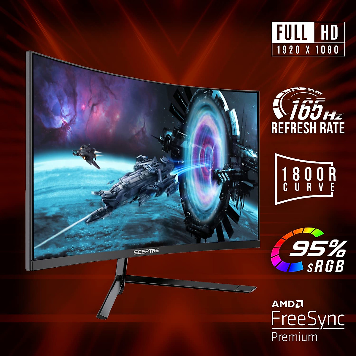 Sceptre Curved 27" FHD 1080p Gaming Monitor up to 165Hz DisplayPort 144Hz HDMI Edge-Less AMD FreeSync Premium, Build-in Speakers Machine Black 2021 (C275B-1858RN)