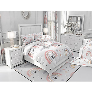 Twin Size Duvet Cover Rainbow 100% Pure Cotton Bedding Set Bohemian Style Bedding Set Grey Clouds Hearts Comforter Cover for Room Decor 2 PCS