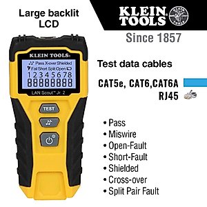Klein Tools 80072 RJ45 Cable Tester Kit with LAN Scout Jr. 2, Coax Crimper / Stripper / Cutter Tool and 50-Pack Pass-Thru Modular Data Plugs