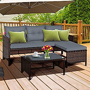 Tangkula Patio Corner Sofa Set 3 Piece, Outdoor Rattan Sofa Set, Includes Lounge Chaise, Loveseat & Coffee Table, Patio Garden Poolside Lawn Backyard Furniture (Gray)