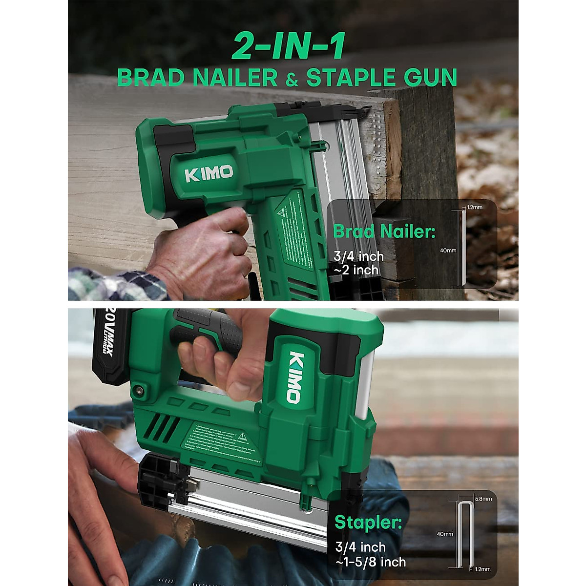 KIMO 18 Gauge Nail Gun Battery Powered w/ 2 X 2.0 Battery & Charger, 2 in 1 Cordless Brad Nailer/Electric Stapler, Adjustable Depth, 18GA Staples for Upholstery, Home Improvement & Woodworking