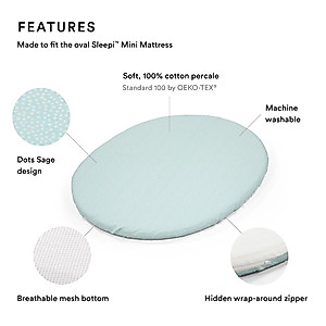 Stokke Sleepi Mini Fitted Sheet, Dots Sage - Soft Sheets for Sweet Dreams - Made for The Oval Sleepi Mini Mattress - Safe, Stylish & Washable - 100% Fine Cotton Percale
