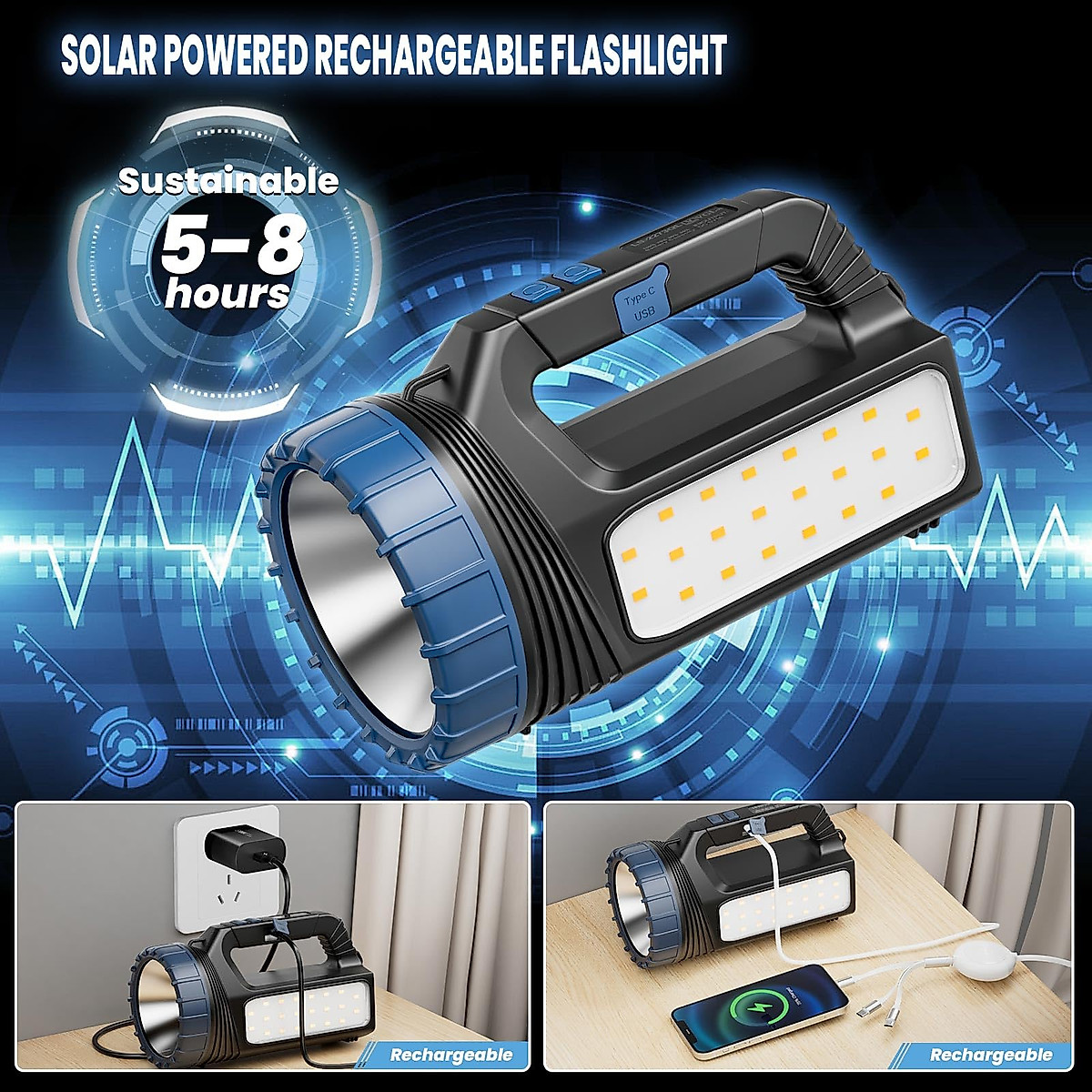 E-SHIDAI Solar Flashlights, Solar Flashlight for Multi Function 8000 Lumens Led Flashlight with Emergency Strobe Light Emergencies, Led High Lumens, USB C and Large Capacity Battery Fast Charging