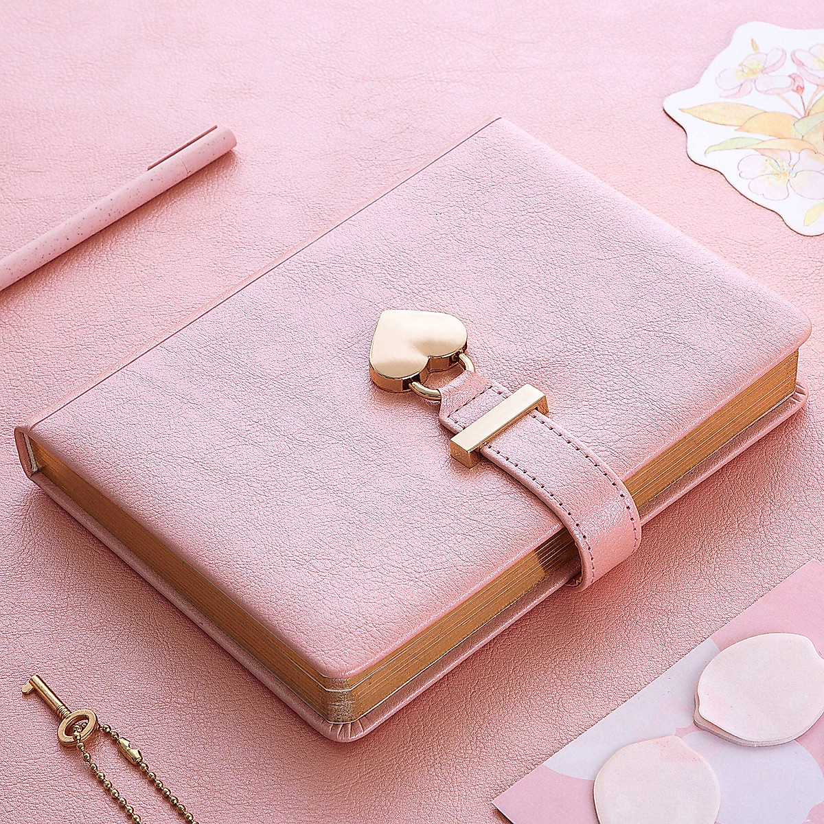 CAGIE Lock Diary for Girls with 2 Keys, Diary with Lock for Girls ages 8-12, Heart-Shaped Locked Journal for Women, Gold Edged Pages 5.3 x 7 Inch