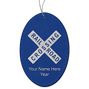 LaserGram Faux Leather Christmas Ornament, Railroad Crossing Sign 1, Personalized Engraving Included (Dark Blue, Oval)