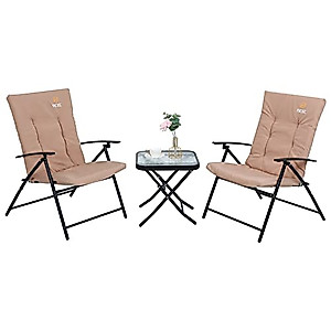 Nice C 3-Piece Patio Dining Set, Outdoor Table Set for 2, Garden Bistro Dining Furniture, 1 Folding Glass Table and 2 Folding Reclining Chairs with Cushion (Beige)