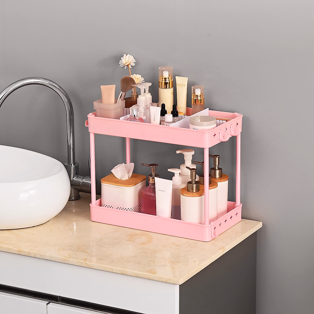 KINGRACK 3 Tier Rolling Utility Storage Cart with Adjustable Dividers, Multi-Purpose Storage Cart, Craft Art Cart Trolley Organizer, Slide Out Cart for Bedroom Bathroom Laundry Kid's Room, Pink