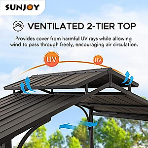 Sunjoy Grill Gazebo 5 ft. x 8 ft. Brown Steel Frame Double Tiered Hardtop Gazebo with Ceiling Hook and Shelves