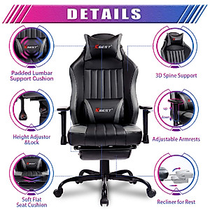 KBest Massage Gaming Chair - High Back Racing PC Computer Desk Office Chair Swivel Ergonomic Executive Leather Chair with Adjustable Back Angle, Armrests and Footrest (Gray)