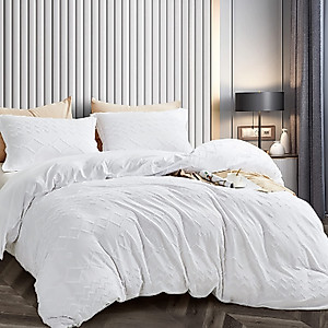 Melingo White Duvet Covers Tufted Duvet Cover Queen Size, Soft and Lightweight Duvet Covers Set for All Seasons, 3 Pieces Boho Embroidery Shabby Chic Bedding Set