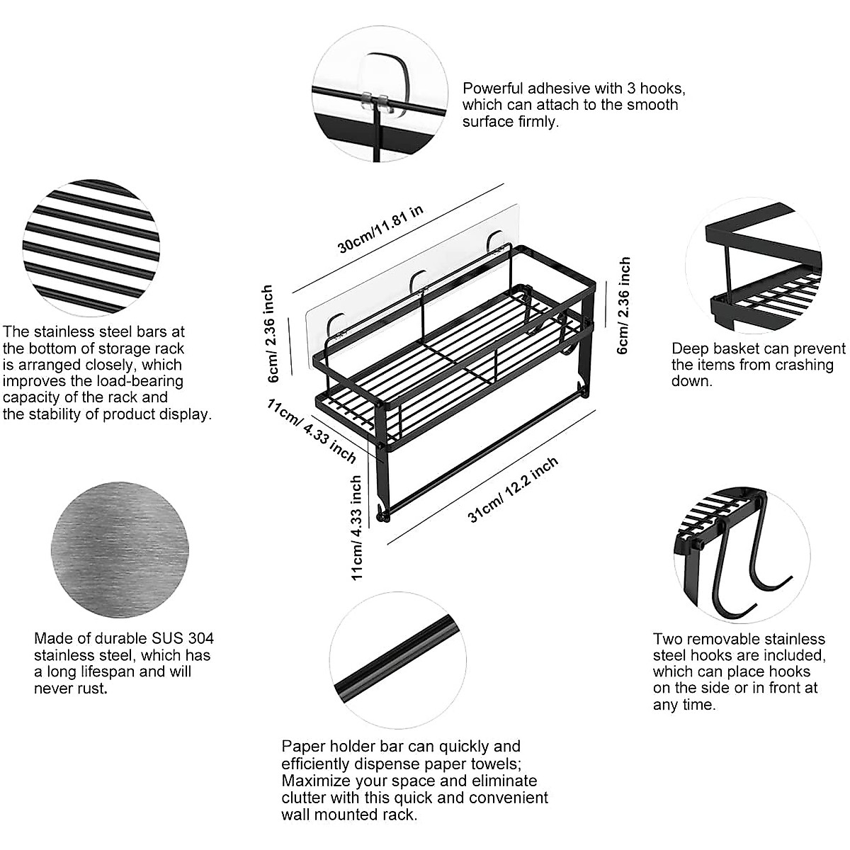 ESOW Paper Towel Holder with Shelf Storage, Adhesive Wall Mount 2-in-1 Basket Organizer for Kitchen & Bathroom, Durable Metal Wire Design, Stainless Steel 304 Matte Black Finish