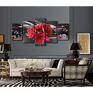 Large Red Flower Canvas Wall Art Prints Picture Black 5pcs Painting Home Decor Bedroom Ready to Hang Framed Modern Artwork 30x60