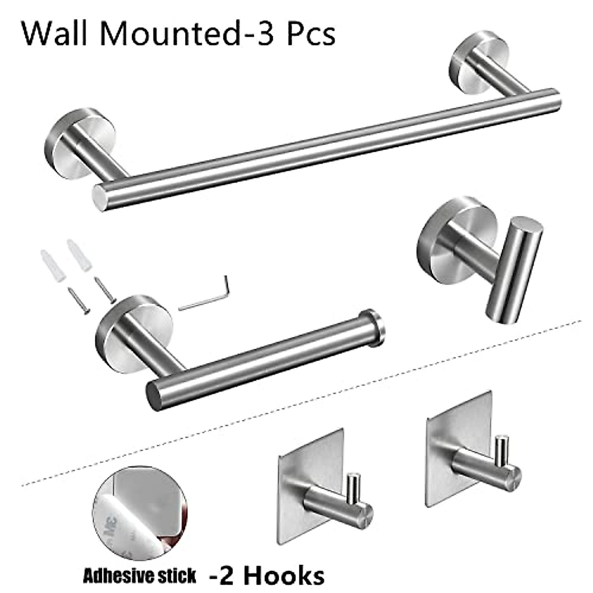 Sagetta Nickel Towel Racks for Bathroom, No-Drill Hooks SUS304 Stainless Steel Bathroom Accessories Kit Includes 16inch Towel Bar,3 Robe Towel Hooks,Toilet Paper Holder (Nickel)