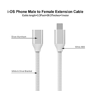EMATETEK Braided i-Phone Extension Cable Pass Video Audio Music Photo Data, Charge. 1PCS 3.3Feet Male to Female i-Phone Extender Cord Made of Sliver Aluminum & White Braided.(3.3Feet)