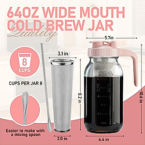 Cold Brew Coffee Maker with V-shaped Lid, 64oz Cold Brew Pitcher with Stainless Steel Filter, BPA Free Sturdy Mason Jar Cold Brew Maker for Coffee, Iced Tea, Sun Tea, Lemonade