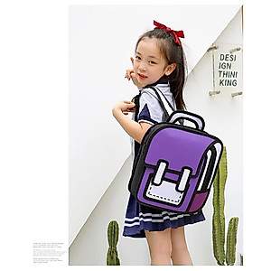 Kawaii Backpack Sketch Cute Cartoon 3D Jump Style 2D Drawing from Comic Paper Anime Bookbag School Supplies Fun Daypack (Purple)