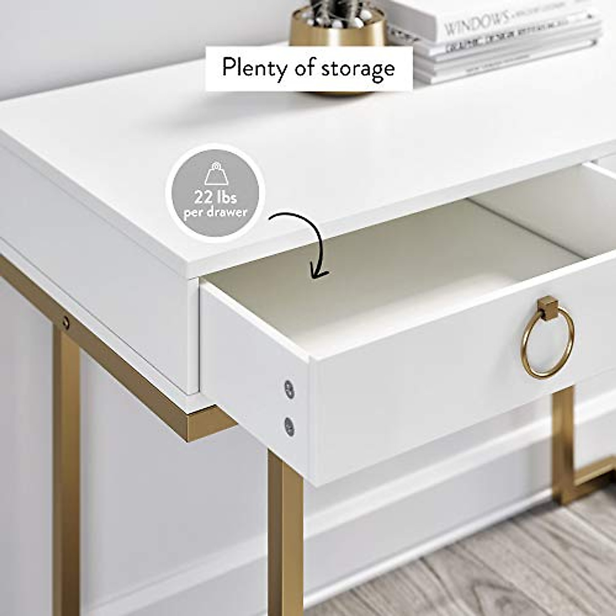 Nathan James Leighton Two-Drawer Writing Glam Accents Brass, Home Office Computer Desk or Vanity Table, 2, White/Gold