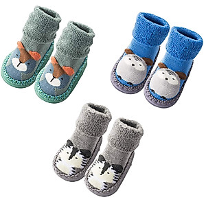 Infant Baby Boy Girls Toddlers Moccasins Non-Skid Indoor Slipper Shoes Socks Booties with Grips (12-18 Months, Grey Blue Green)