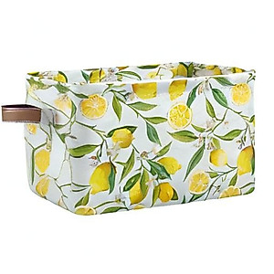 MNSRUU Storage Basket Lemon Floral Collapsible Organizer Basket with PU Handles, Waterproof Nursery Laundry Basket Kids' Toy Storage Basket,2 Pack