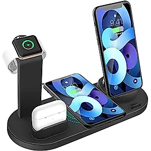 Wireless Charger, 6 in 1 Wireless Charging Station, Fast Wireless Charger Stand for iPhone 14/13/12/11/Pro/Max/XS/XR/X/8/Plus, for Apple Watch 7/6/5/4/3/2/SE, for AirPods 3/2/Pro(Black)