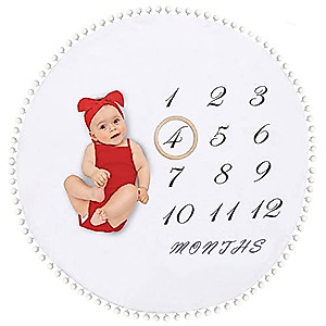 Baby Monthly Milestone Blanket for Boy Girl Gender Neutral Gift for Baby Shower-Circle Ring Play Mat Large- Double Sided Pom Pom Ball Thick Flannel Round Rug for Boy Girl, BabyPhotography Props