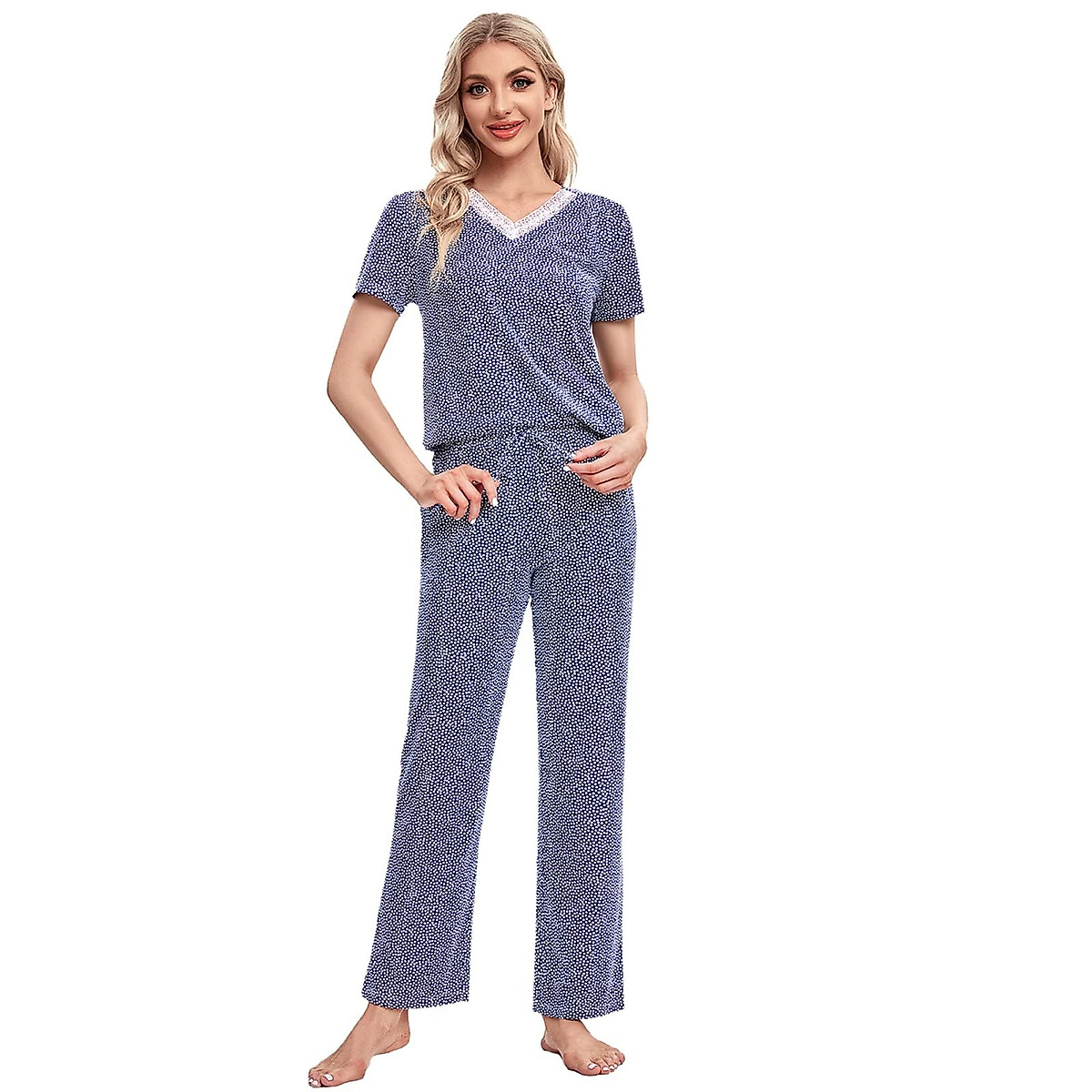 IZZY + TOBY Cotton Pajama Sets, Soft Sleepwear Pjs Set for Women, Summer Pj Short Sleeve Top and Long Pants, Casual Loungewear Ladies Pajamas Navy