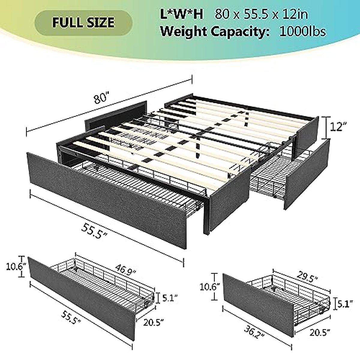 Lumelay Full Size Bed Frame with 3 Storage Drawers, Fabric Upholstered Platform Bed Frame Full No Fixed Headboard,Strong Matel Frame and Wooden Slats Support No Nosie No Box Spring Needed (Full)