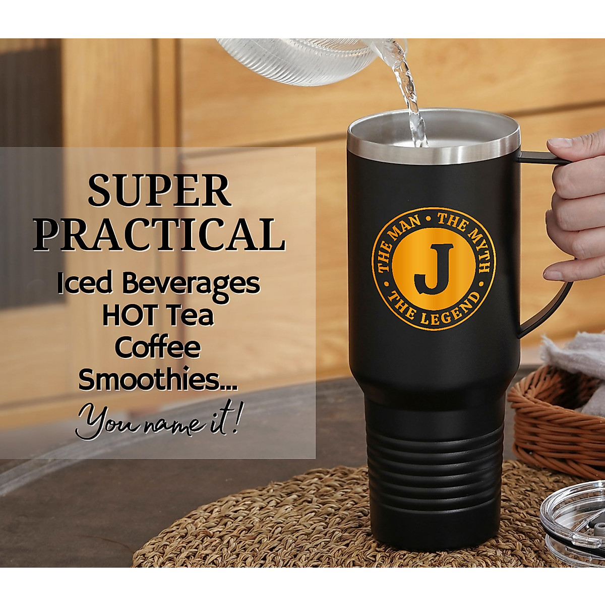 Monogrammed 40oz Tumbler with Handle for Men, Funny Personalized Tumbler, Unique Birthday Christmas Gifts for Him, the Man the Myth the Legend, A