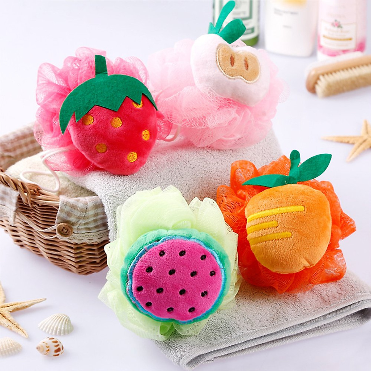 3 Pack Shower Sponge Poufs/Mesh Bath Loofahs Ball, Body Cleaning Washing Scrubber / 2 in 1 Cute Fruits Shaped Bathroom Bubbler Accessory for Dry Skin Exfoliating, Cellulite, Massage