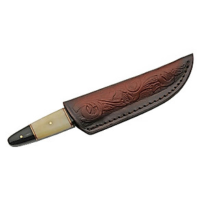 Szco Supplies 7.5" Horn and Bone Handle Damascus Outdoor Hunting Knife with Sheath