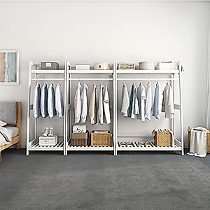 IOTXY Open Wood Garment Rack - White Solid Wood Freestanding Clothing Rack with Storage Shelves and Rod for Hanging Clothes, Open Shelving Wardrobe and Closet Organizer for Bedroom, 27.6" W