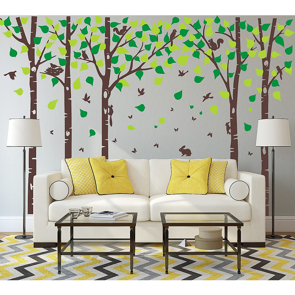 5 Large Birch Tree Wall Decals Jungle Tree Wall Stickers Forest Animal Wall Stickers Squirrel Rabbit Stickers for Kids Room Nursery Bedroom Living Room Classroom Wall Decoration (100", Brown,Green)