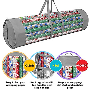ProPik Wrapping Paper Organizer Storage Bag for All Your Gift Wrap & Ribbons, Fits Long 40 Inch Rolls, Hold Up To 24 Rolls, Heavy Duty Clear PVC Bag with Handles (Gray & clear)