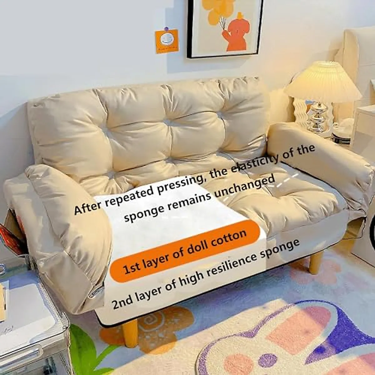 Modern Padded Lazy Couch, Small Double Sofa Bed, 5 Adjustable Backrests and Armrests, Loveseat with 4 Wooden Legs, for Living Room Bedroom Study Room