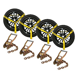 Mytee Products 4 Pack 2" x12' Car Tie Down Straps for Trailer with Chain Extension - 3333 Lbs WLL Lasso Style Tire Straps for Car Trailer with Ratchets - Vehicle Tie Down Wheel Strap for Hauling Cars