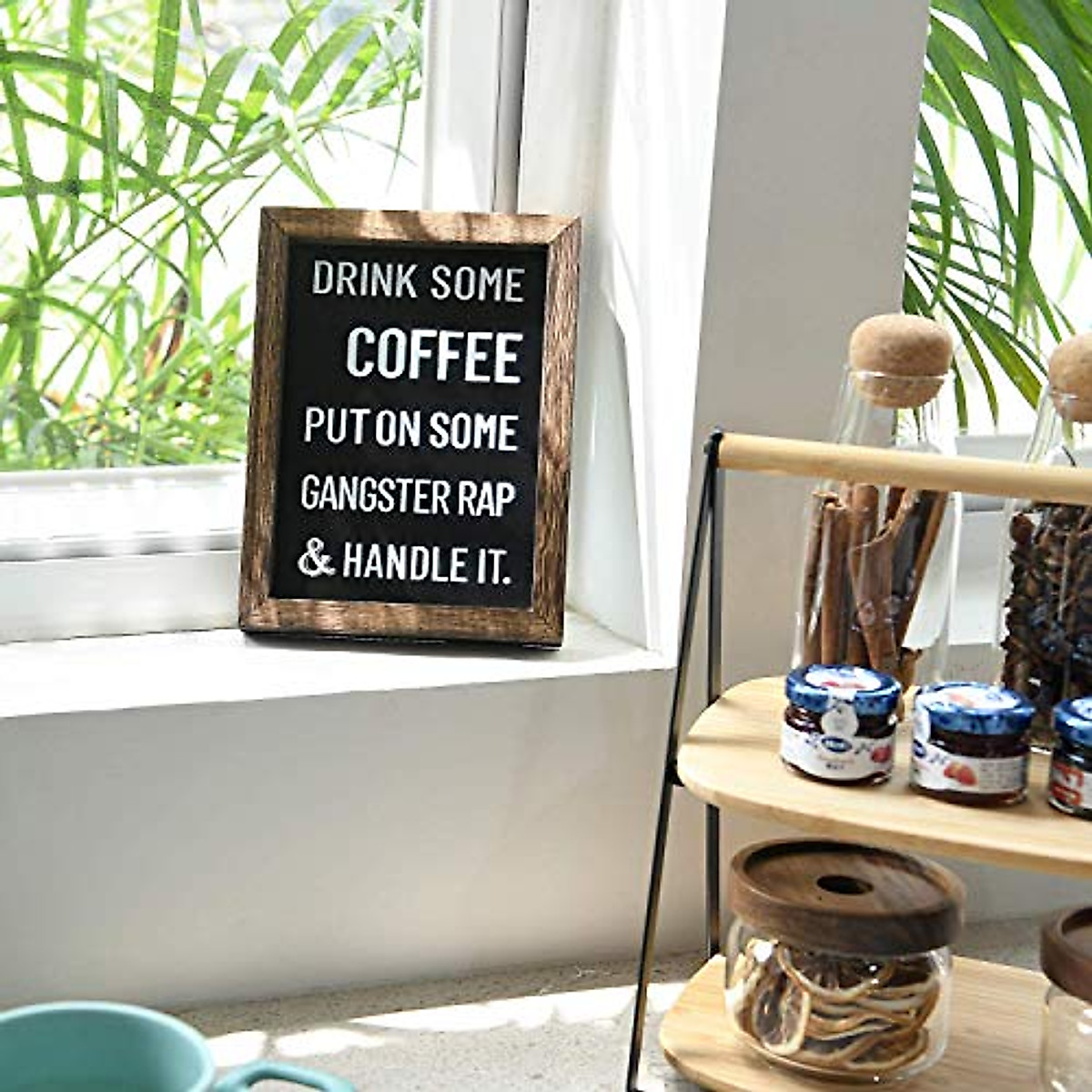 Mkono 1 Pcs Coffee Signs Decor Farmhouse Coffee Table Decor 2 Sides with Different Sayings Rustic Wood Coffee Sign, Office Home Bar Wall Table Decor