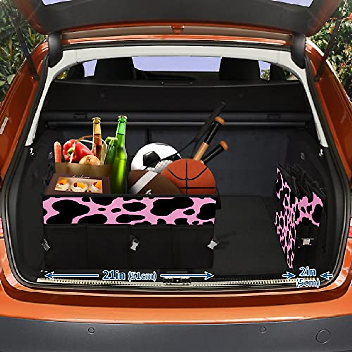 Car Trunk Organizer Pink And Black Cow Print Spot Car Back Seat Large Storage Organizer with 3 Divider Compartments Collapsible Trunk Cargo Organizer Groceries Tote for SUV Truck Camping Picnic