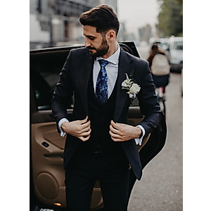 HISDERN Men's Floral Tie Handkerchief Jacquard Woven Classic Men's Necktie & Pocket Square Set,Navy Blue,8.5cm / 3.4 inches in Width