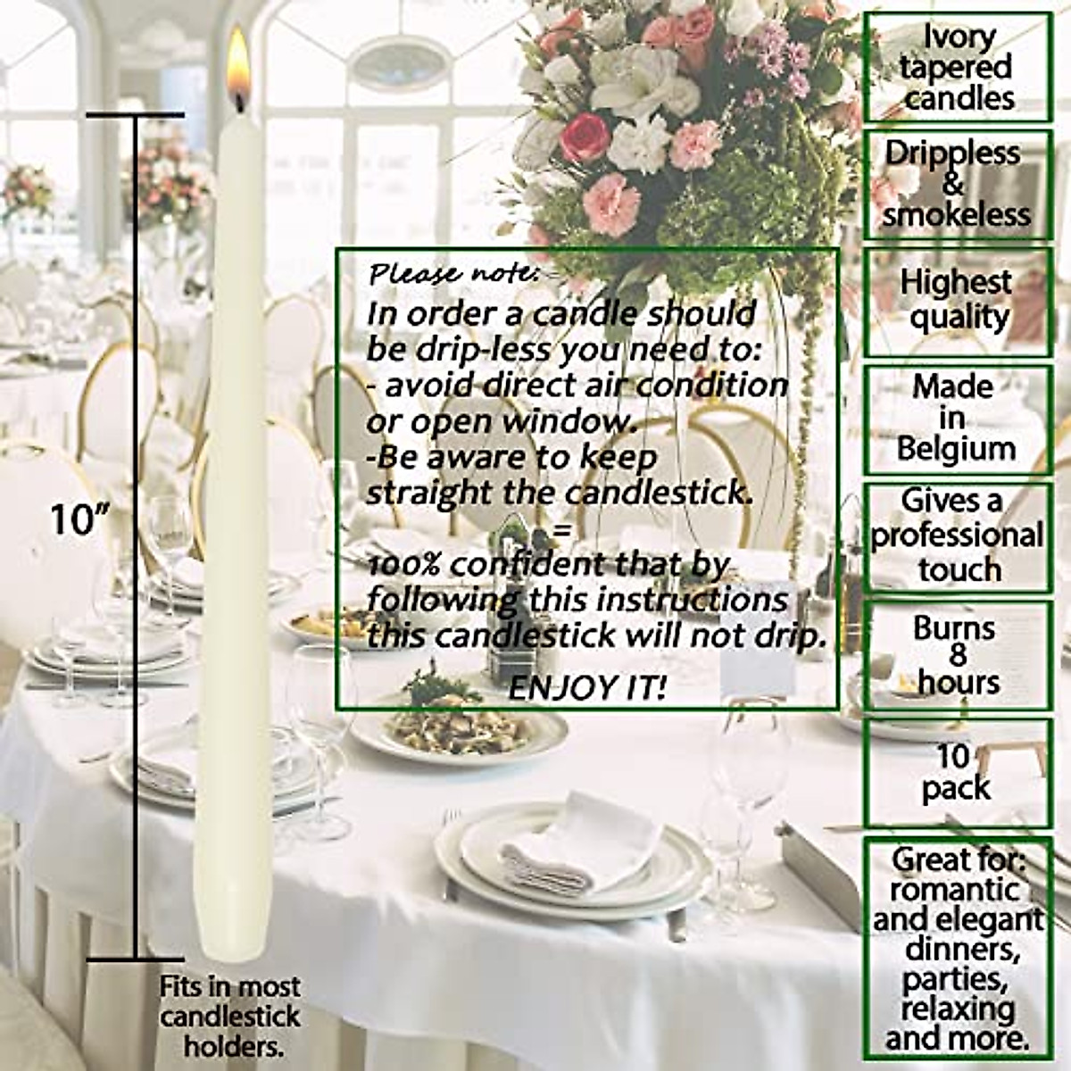 Taper Candles ,Tapered Candlesticks - Dripless 10 Inch Ivory Candles , Unscented Tall Dinner Candle, Long 8 Hour Burning Household Candles , 10 Pack